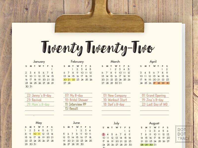 Printable 2022 Calendar Twenty Twenty Two Yearly Planner 2022 - Etsy