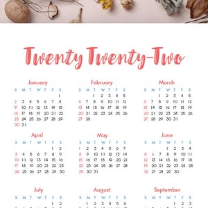 Printable 2022 Calendar Twenty Twenty Two Calendar 2022 - Etsy