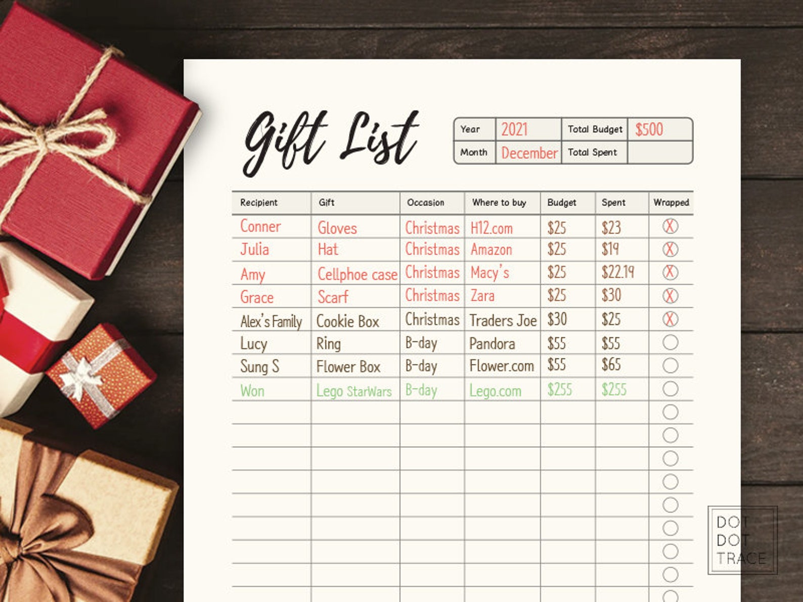 Printable Gift List Gift Planner Monthly Gift Budget Christmas | Etsy