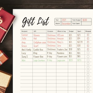 Printable Gift List Gift Planner Monthly Gift Budget Christmas Gift ...