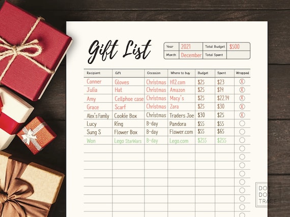 Printable Gift List Gift Planner Monthly Gift Budget Christmas | Etsy