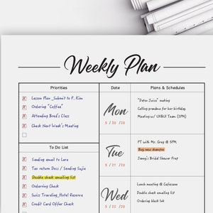 Printable 5 Work Day Planner 5 Day Planner Weekly Planner Daily Planner ...