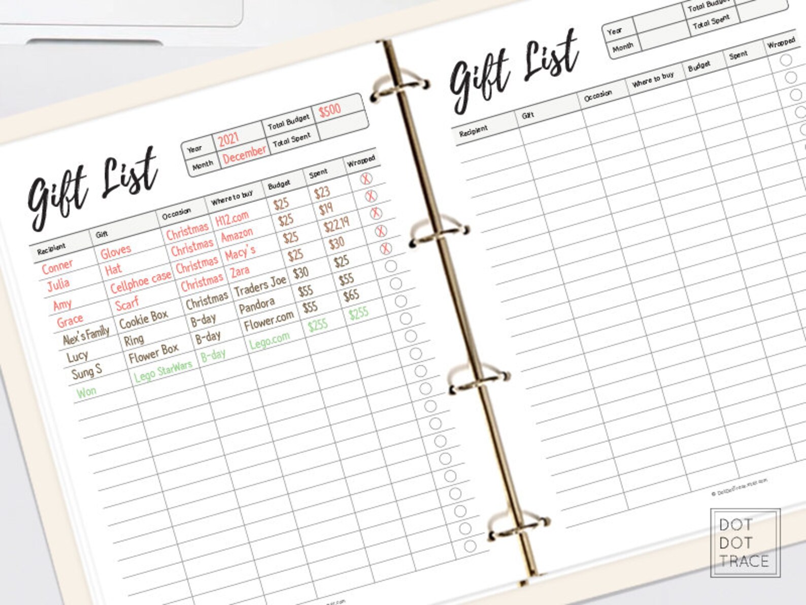 Printable Gift List Gift Planner Monthly Gift Budget Christmas - Etsy
