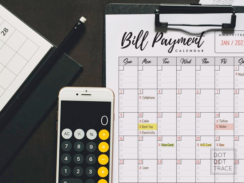 Printable Bill Payment Calendar: Monthly Planner (letter & A4) (digital ...