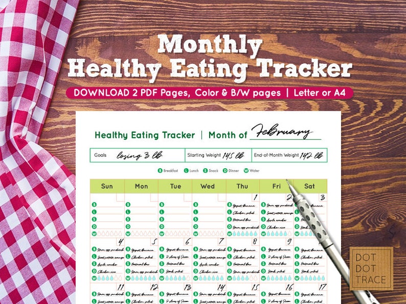 Printable Healthy Eating Tracker Healthy Eating Record Monthly Food Log ...