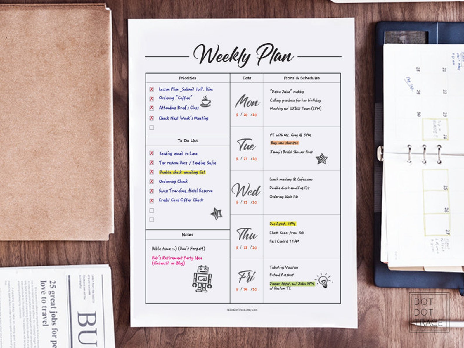Printable 5 Work Day Planner 5 Day Planner Weekly Planner | Etsy