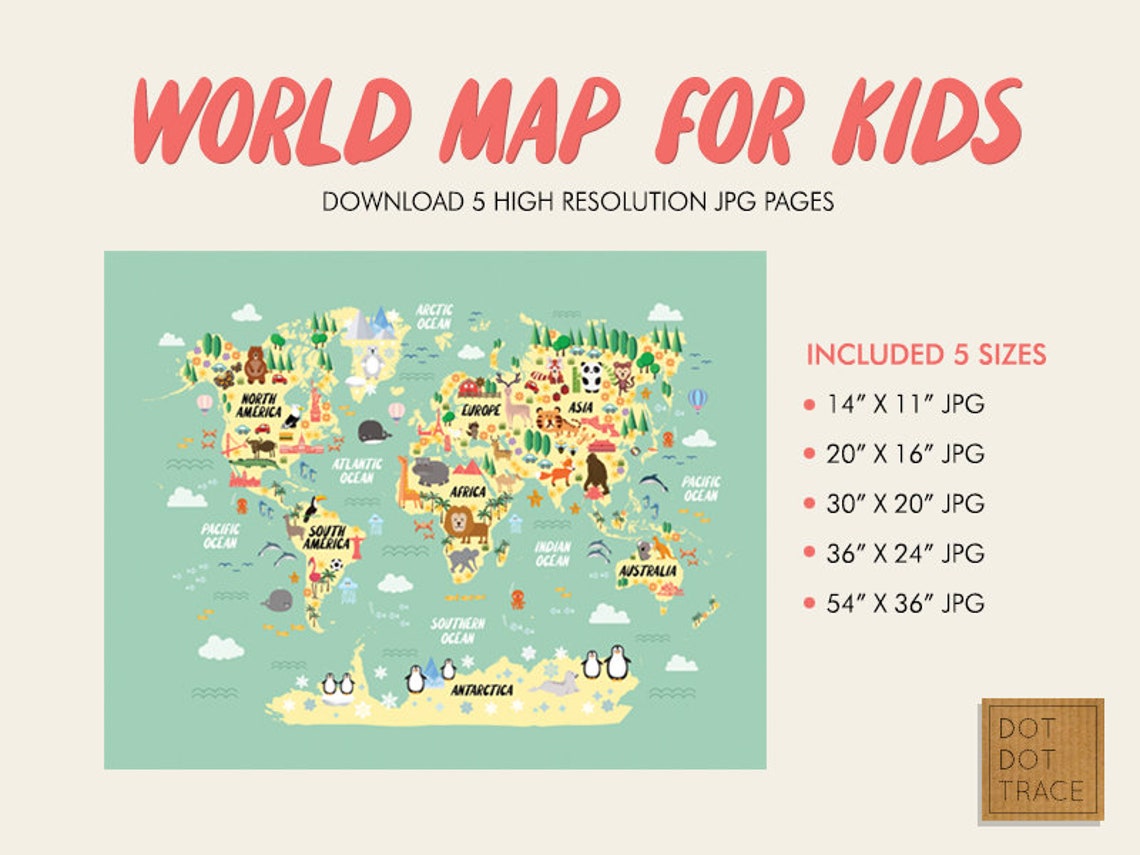 World Map for Kids Kid's World Map Kid's Animal World | Etsy