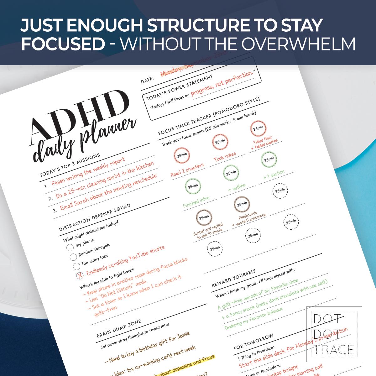ADHD Daily Planner Printable: Focus Sheet, Brain Dump & Pomodoro ...