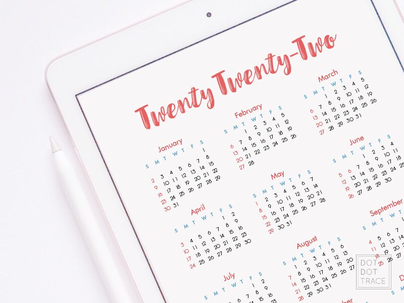 Printable 2022 Calendar Twenty Twenty Two Calendar 2022 - Etsy
