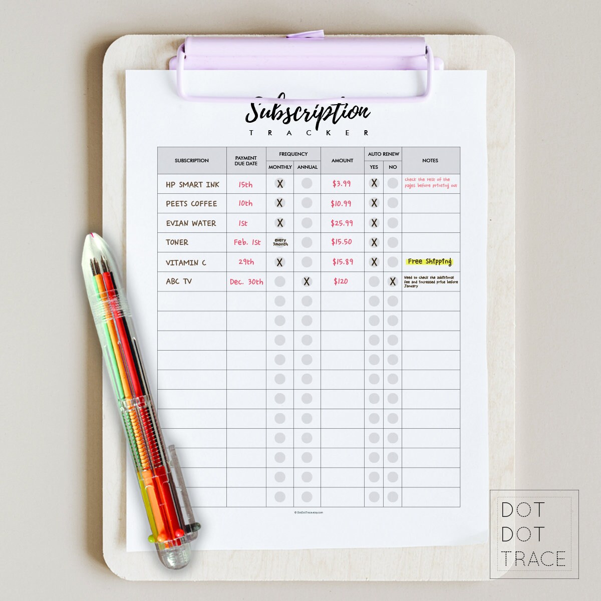 Printable Subscription Tracker Subscription Log Happy Planner Classic ...