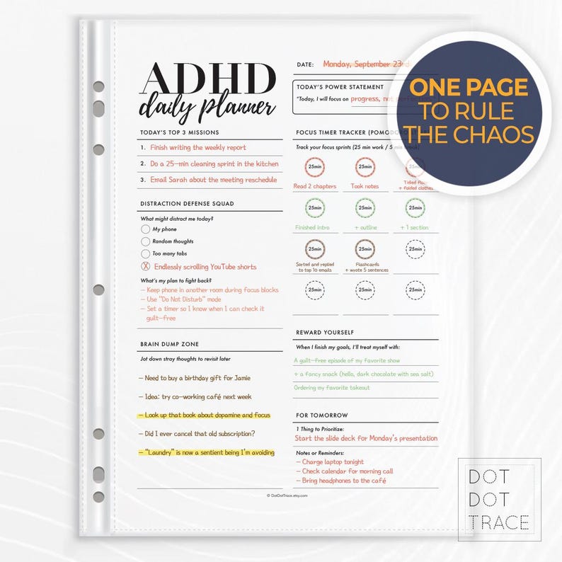 ADHD Daily Planner Printable: Focus Sheet, Brain Dump & Pomodoro ...