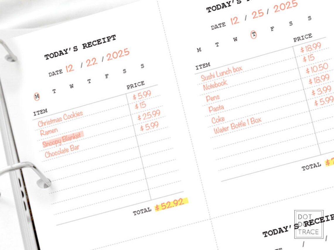 Printable Todays Receipt 4 Pages of Todays Receipt on Letter - Etsy