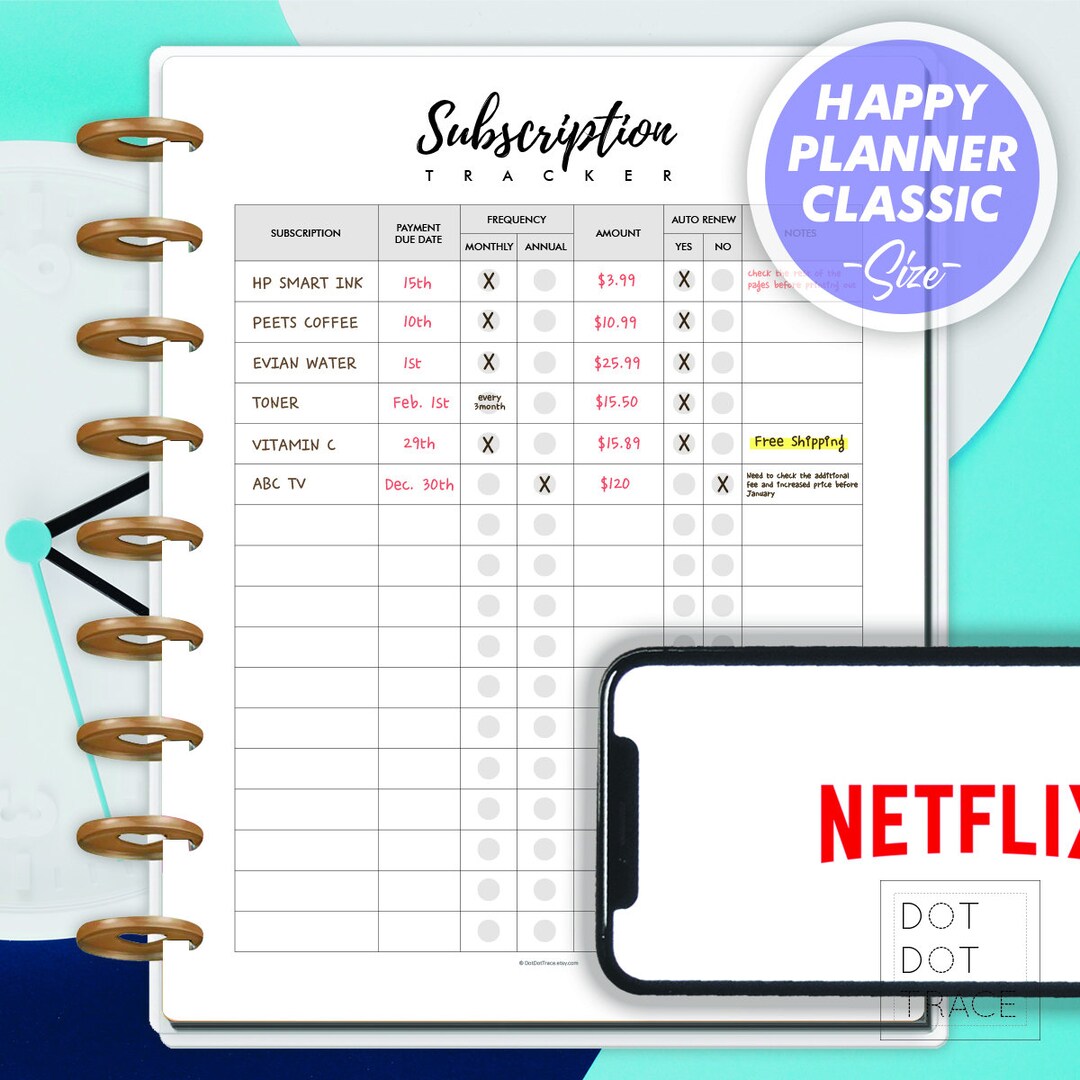 Printable Subscription Tracker Subscription Log Happy Planner Classic ...