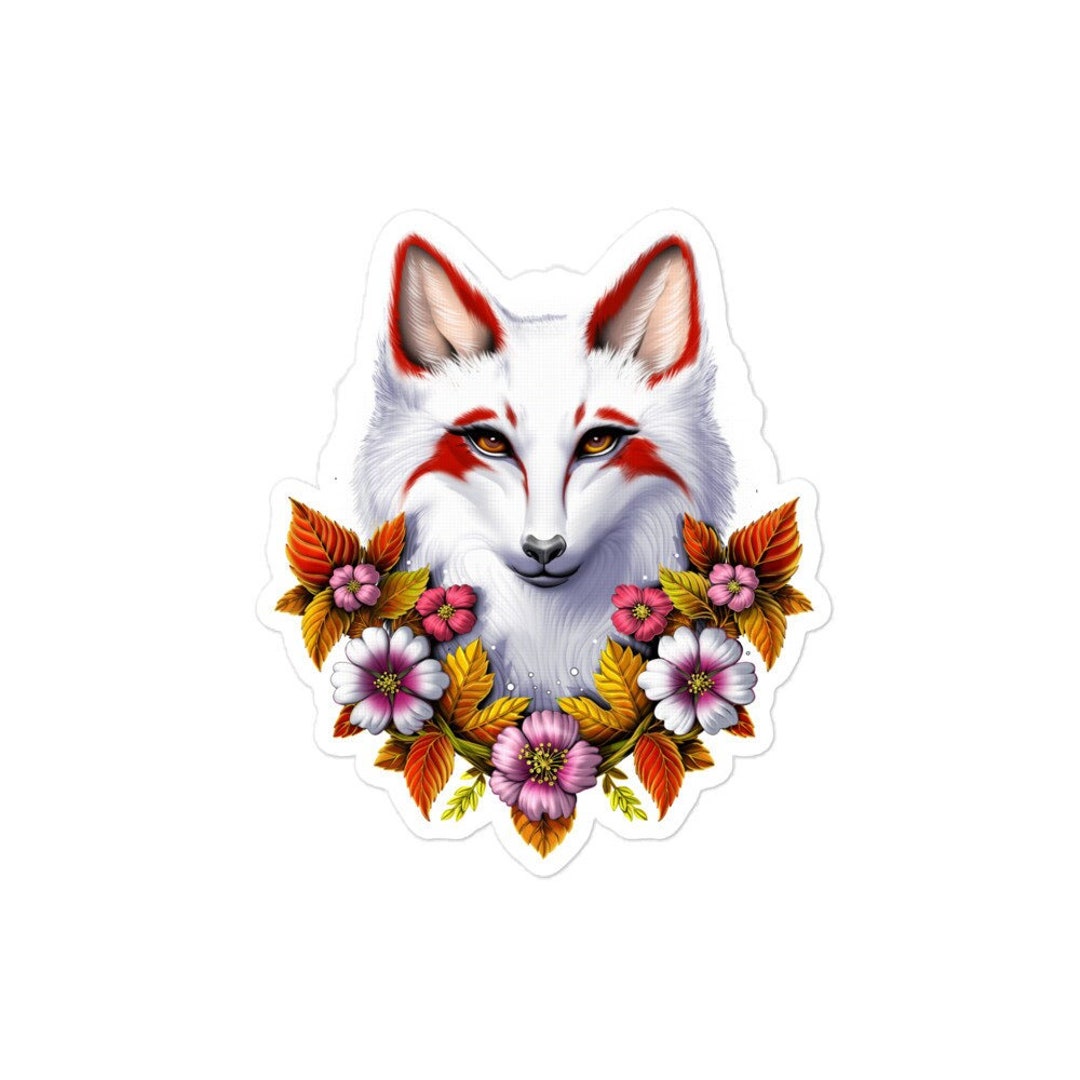 Japanese Kitsune Fox Sticker, Nine Tailed Fox Sticker, Cherry Blossom ...