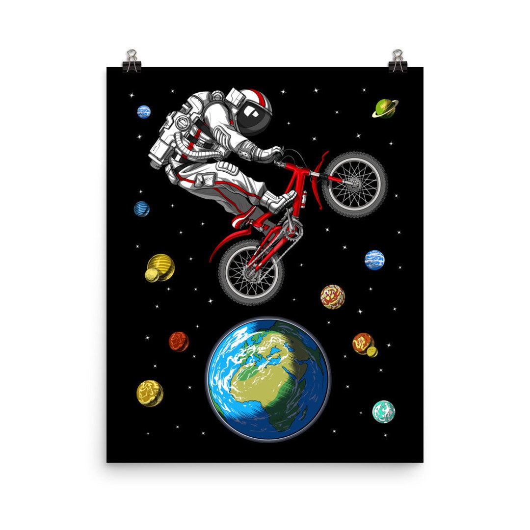 Astronaut Riding Bicycle Poster Bike Jumping Cycling Art Print Cyclist ...