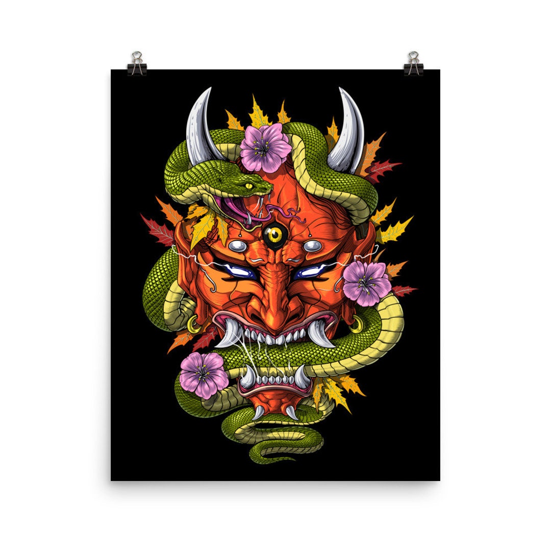 Japanese Demon Mask Poster Ancient Japanese Devil Art Print Samurai ...