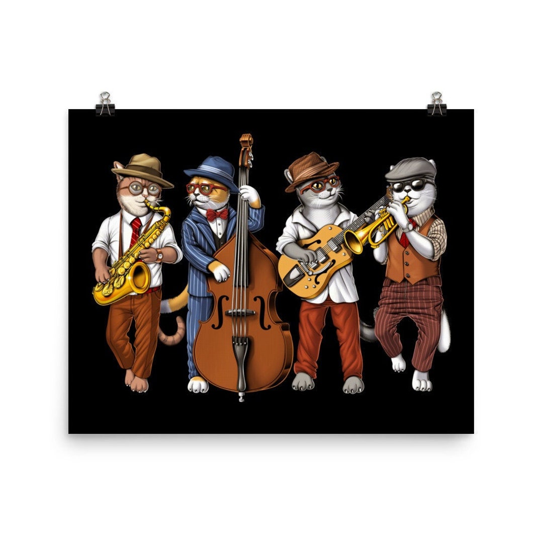 Cat Jazz Music Band Poster: Saxophone, Trumpet, Double Bass Art Print ...