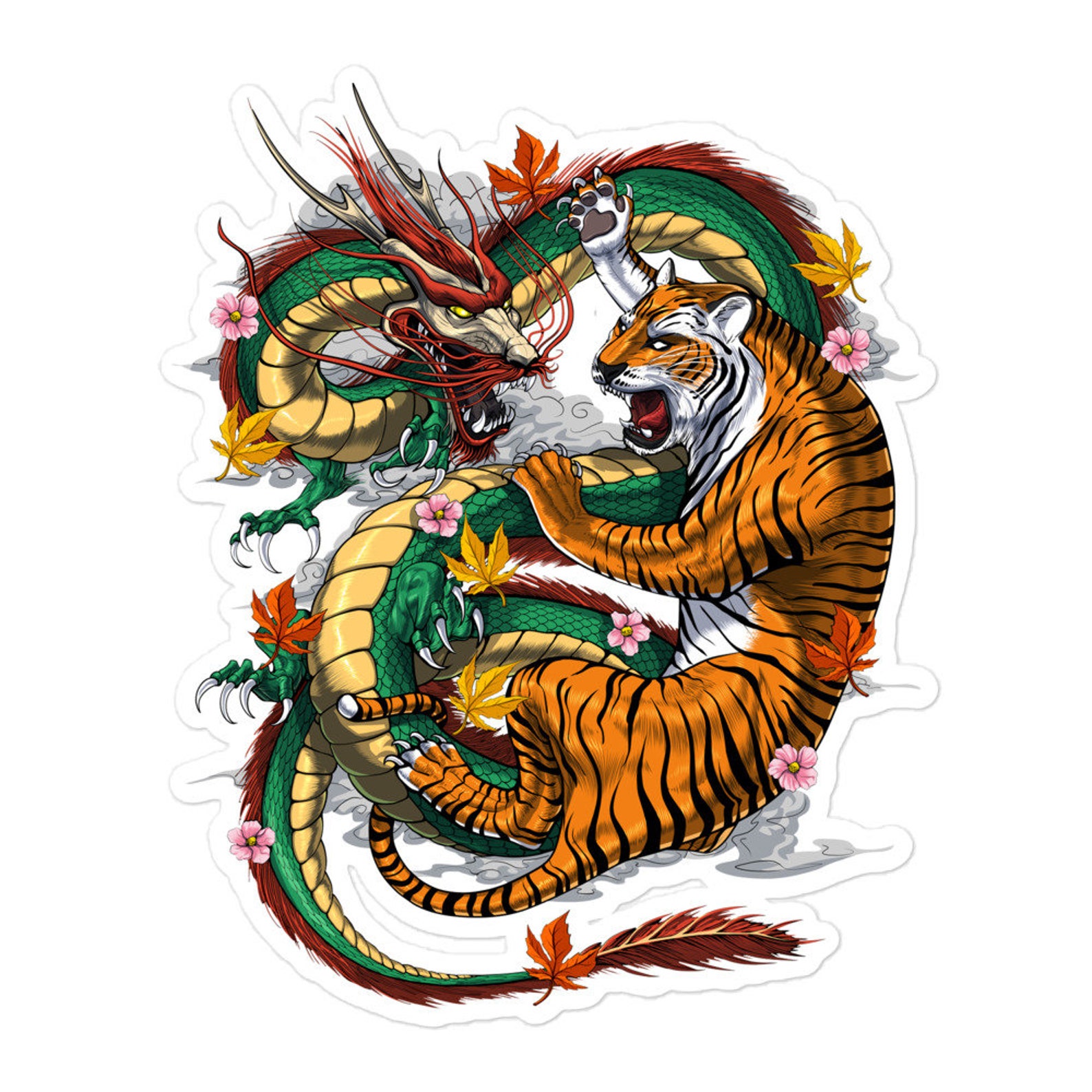 Japanese Dragon Fighting Tiger Sticker Japanese Mythology - Etsy