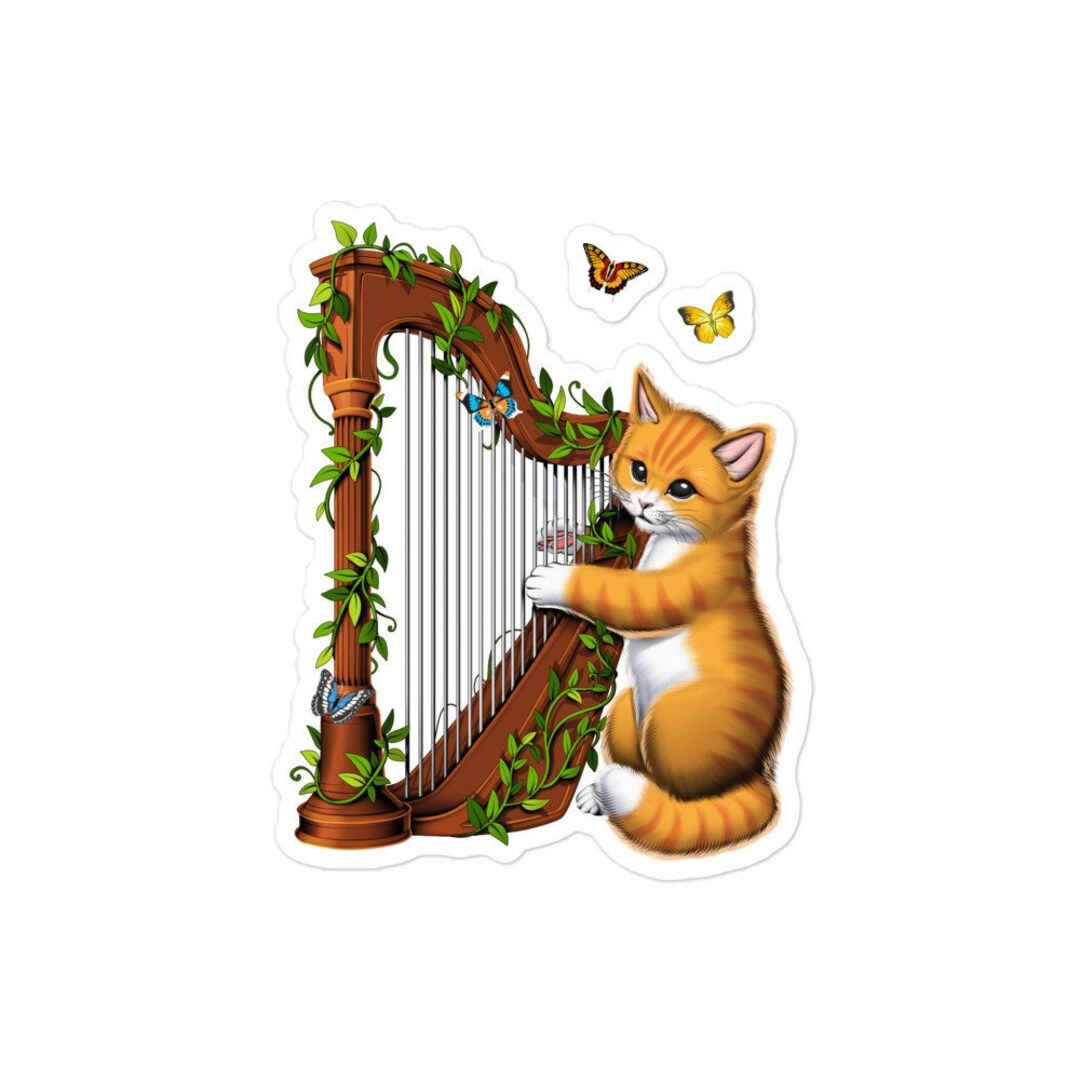 Cat Playing Harp Sticker, Harp Player Stickers, Harpist Sticker ...
