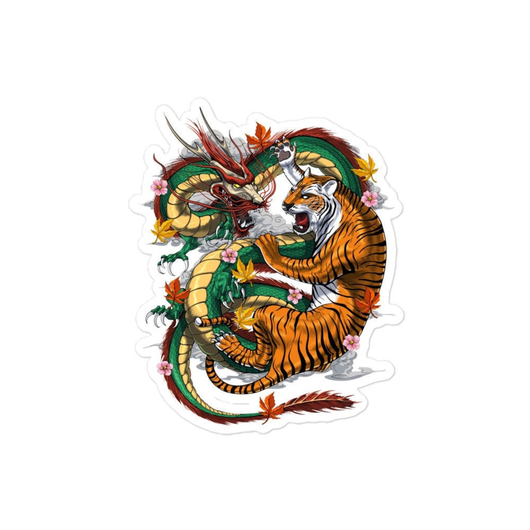 Japanese Dragon Fighting Tiger Sticker - Japanese Mythology Decals ...