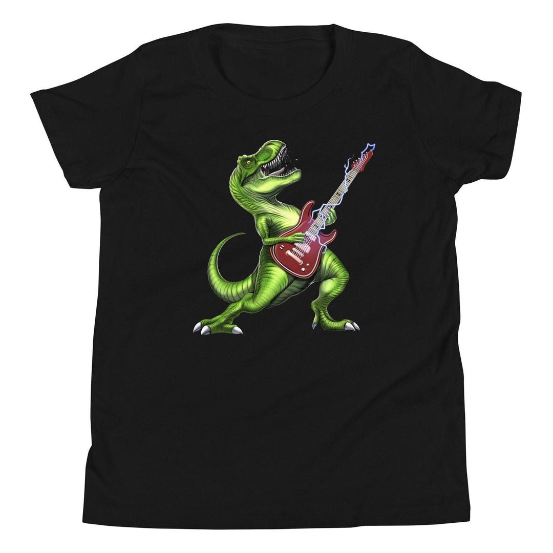 T-rex Dinosaur Playing Electric Guitar Kids T-shirt, Guitar Player Boys ...