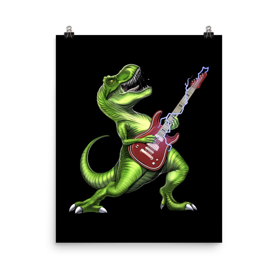 T-rex Dinosaur Playing Electric Guitar Poster, Guitar Player Poster ...
