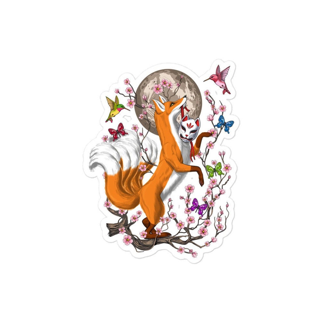 Japanese Fox Kitsune Sticker, Nine Tailed Fox Stickers, Cherry Blossom ...