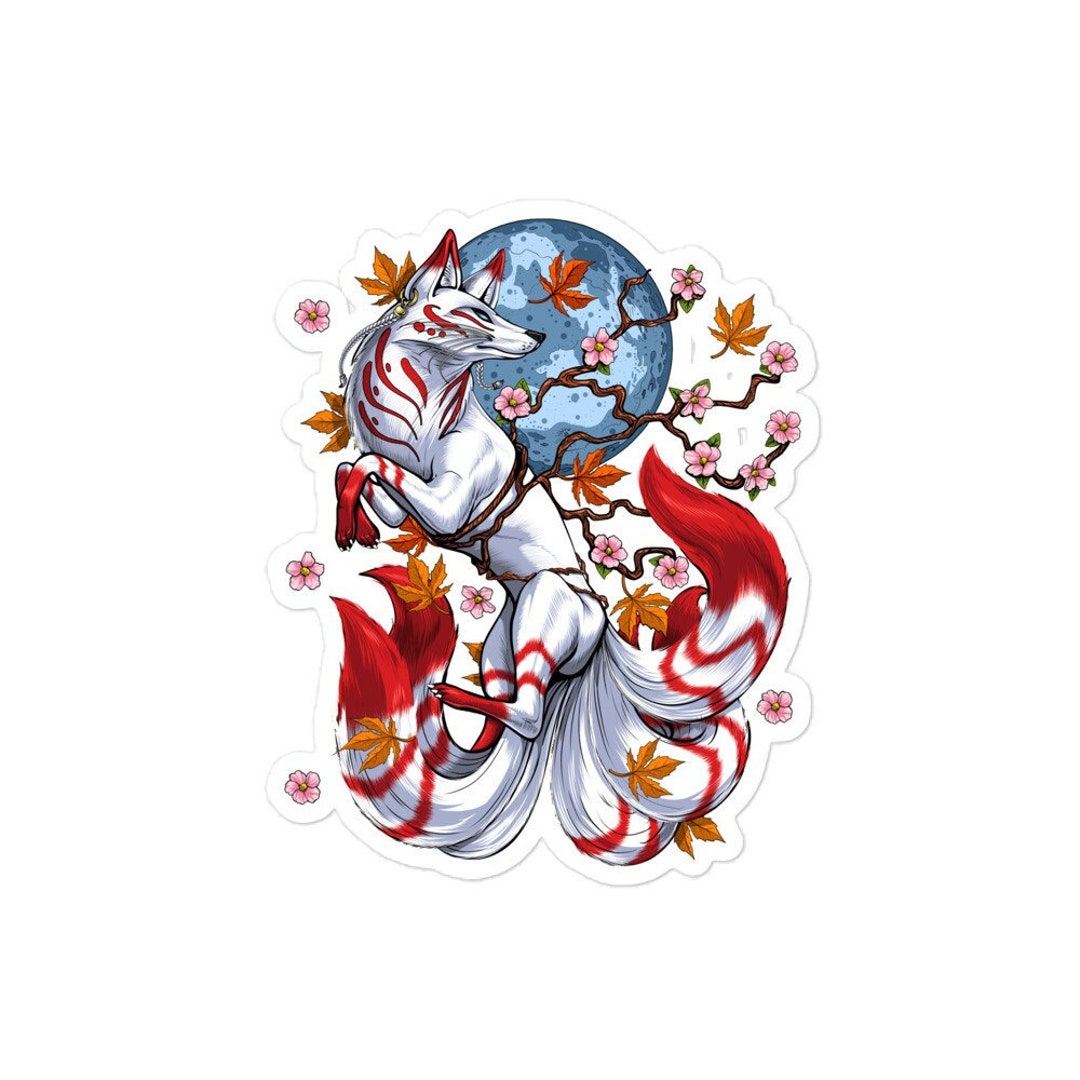 Japanese Kitsune Fox Sticker, Nine Tailed Fox Sticker, Cherry Blossom ...