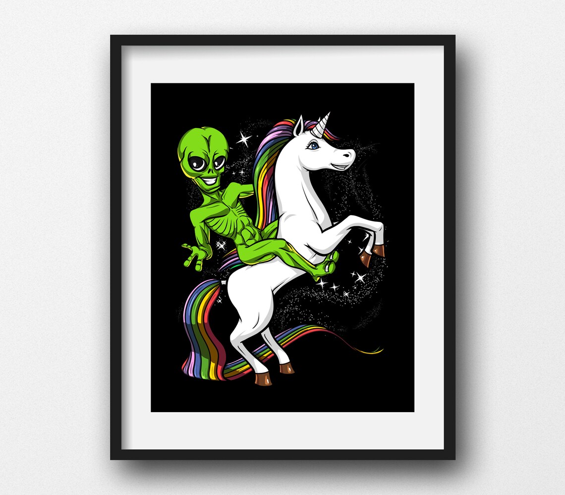 Alien Riding Unicorn Canvas Poster Space UFO Wall Decor | Etsy
