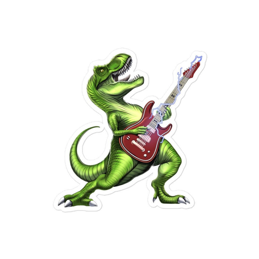 T-rex Dinosaur Playing Electric Guitar Sticker, Guitar Player Stickers ...