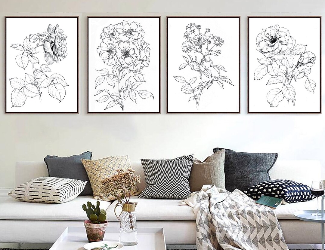 Set of 4 Roses Prints, June Birth Flower, Coloring Page, Botanical Art ...