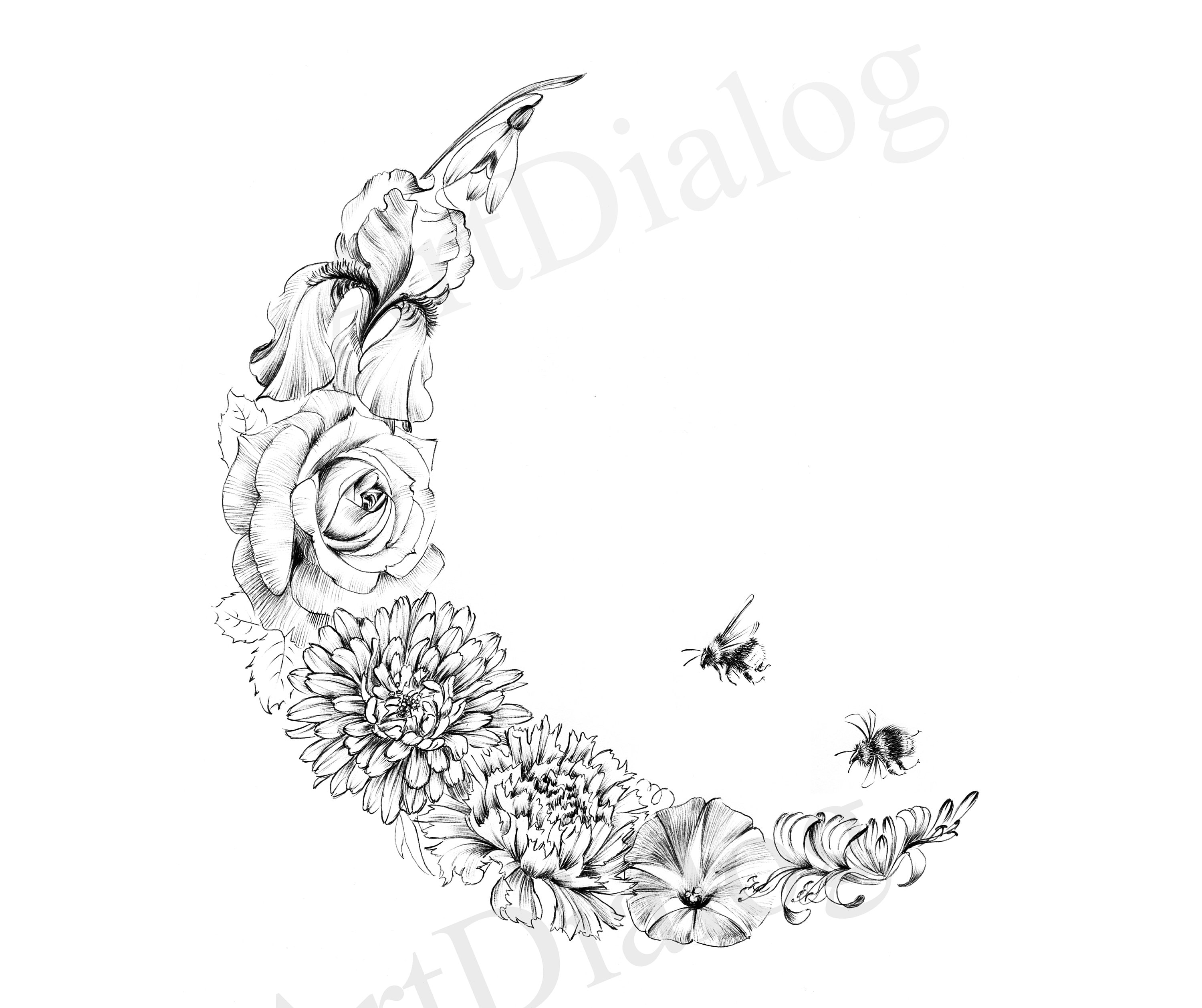 Flower Crescent Printable Art Bumblebee Drawing JPEG File - Etsy
