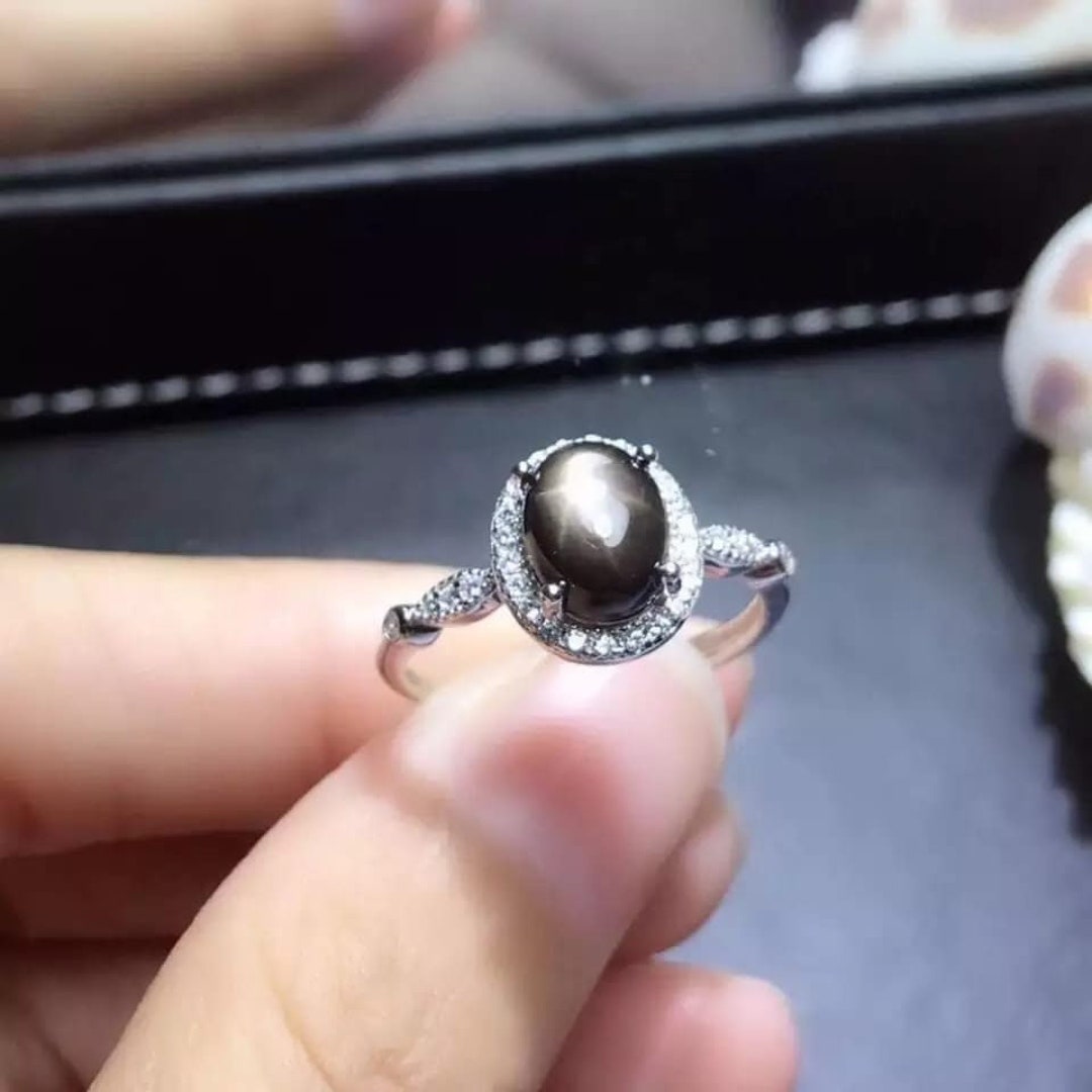 Natural Black Star Sapphire Ring, 925 Sterling Sliver, Engagement Ring ...