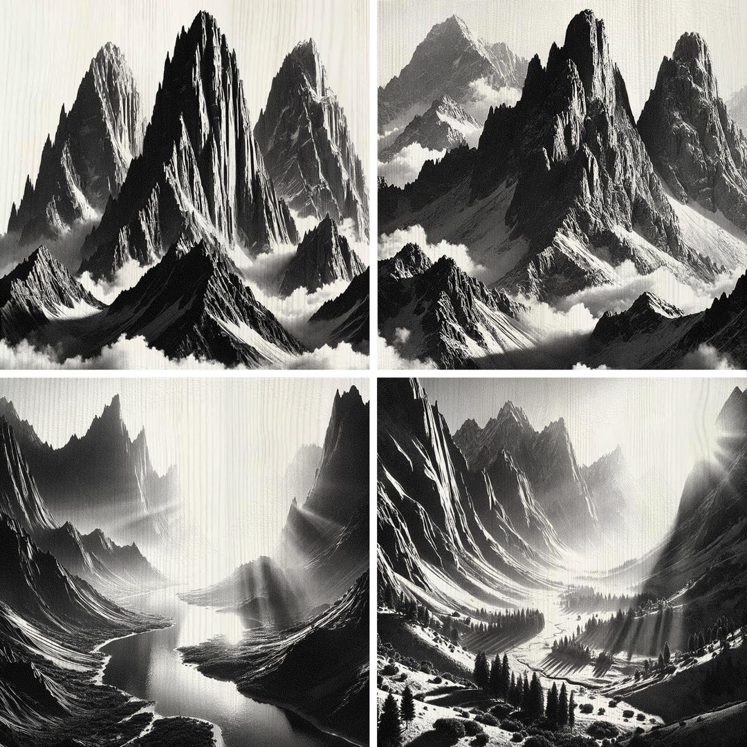 Set of 4 Mountain-themed Laser Engraving Files - Black & White Digital ...