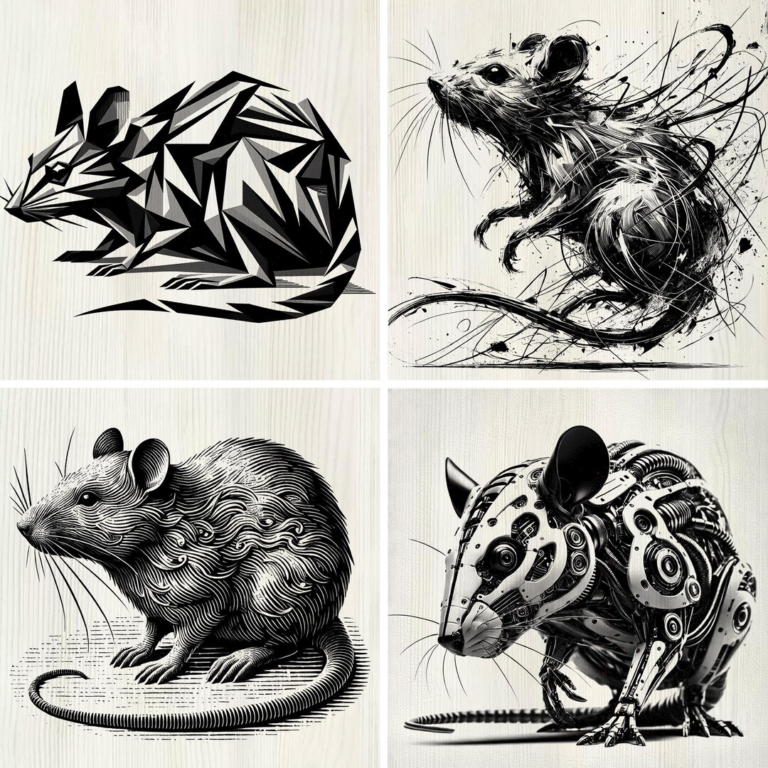 Set of 4 Zodiac Rat Engraving Files, Artistic High-contrast PNG Designs ...