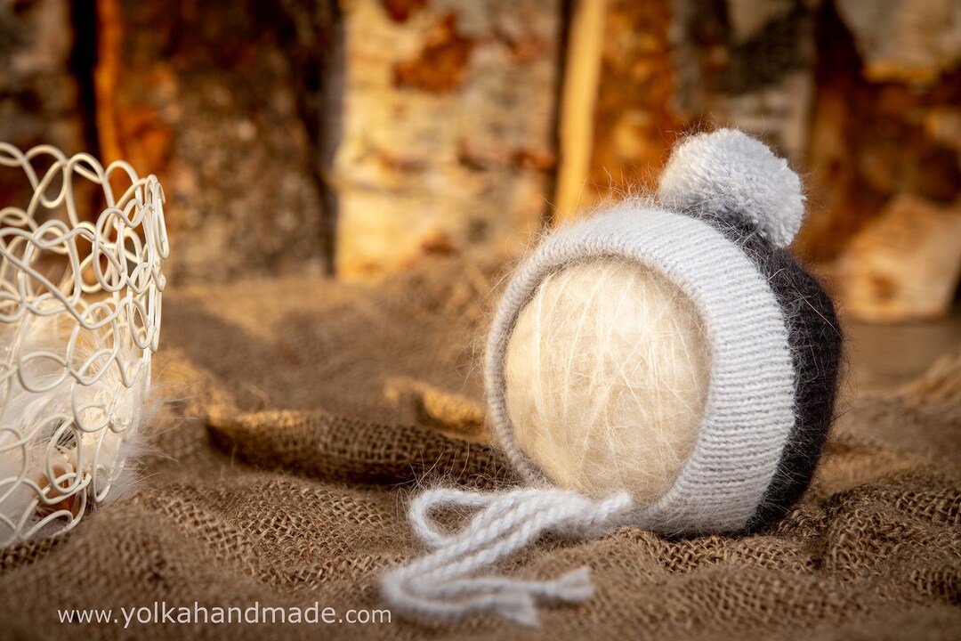 Pompom Angora Bonnet in "black + Gray" Colour - Newborn Photography ...