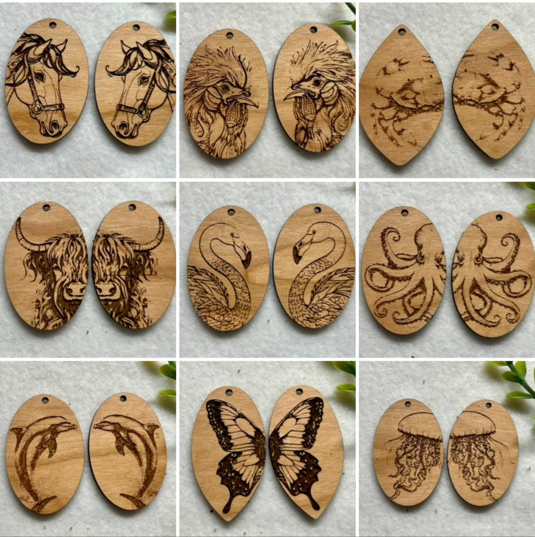 Engraved Wood Earring Blank - Horse, Rooster, Crab, Highland Cow ...