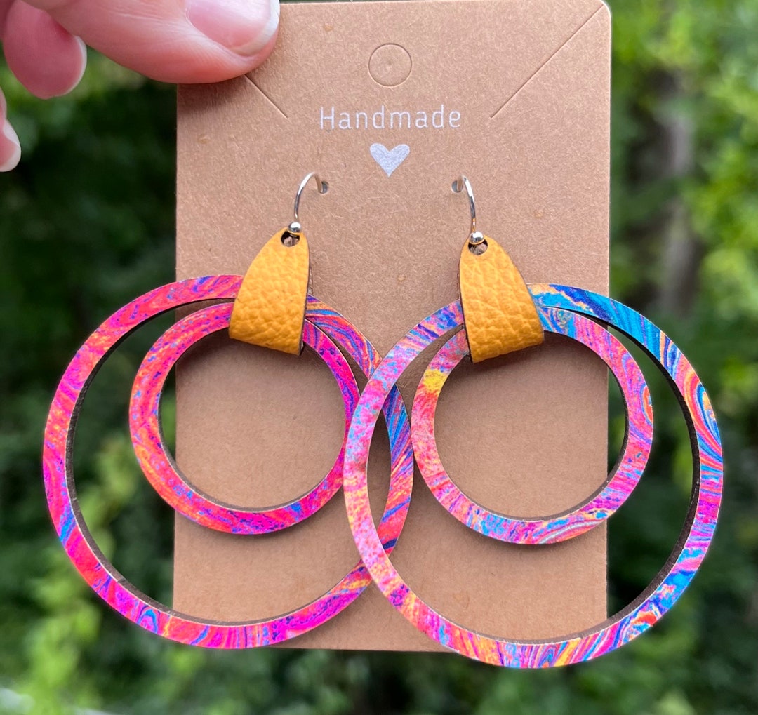 Double Stacked Acrylic & Leather Hoop Earrings Pink and Blue Paint ...