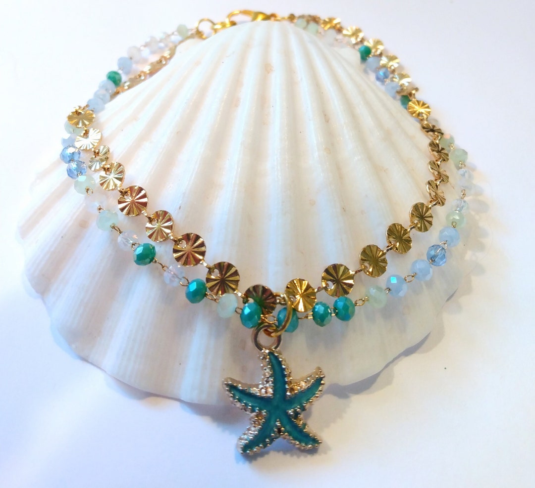 Aqua Starfish Anklet, Sea Star Anklet Bracelet, Ocean Colored Anklet ...