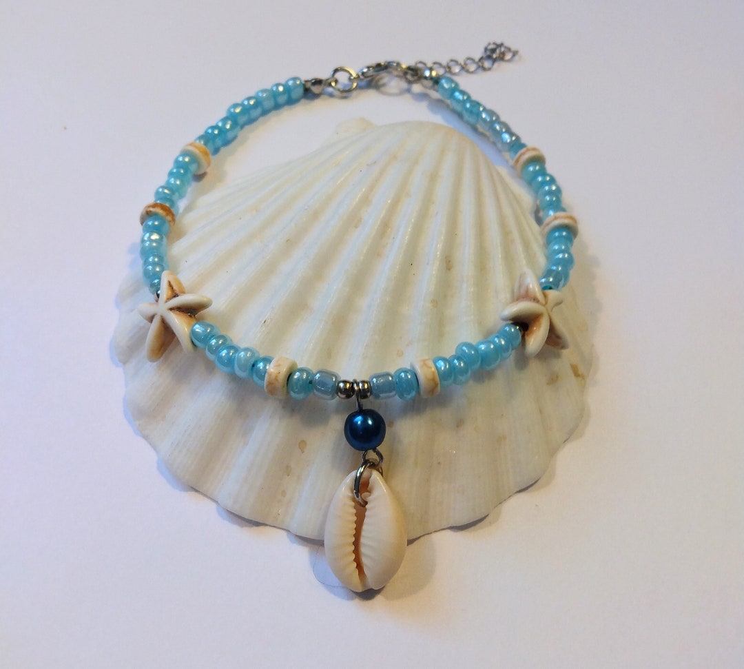 Cowie Shell Anklet, Blue Beaded Beach Anklet, Ladies Summer Ankle ...