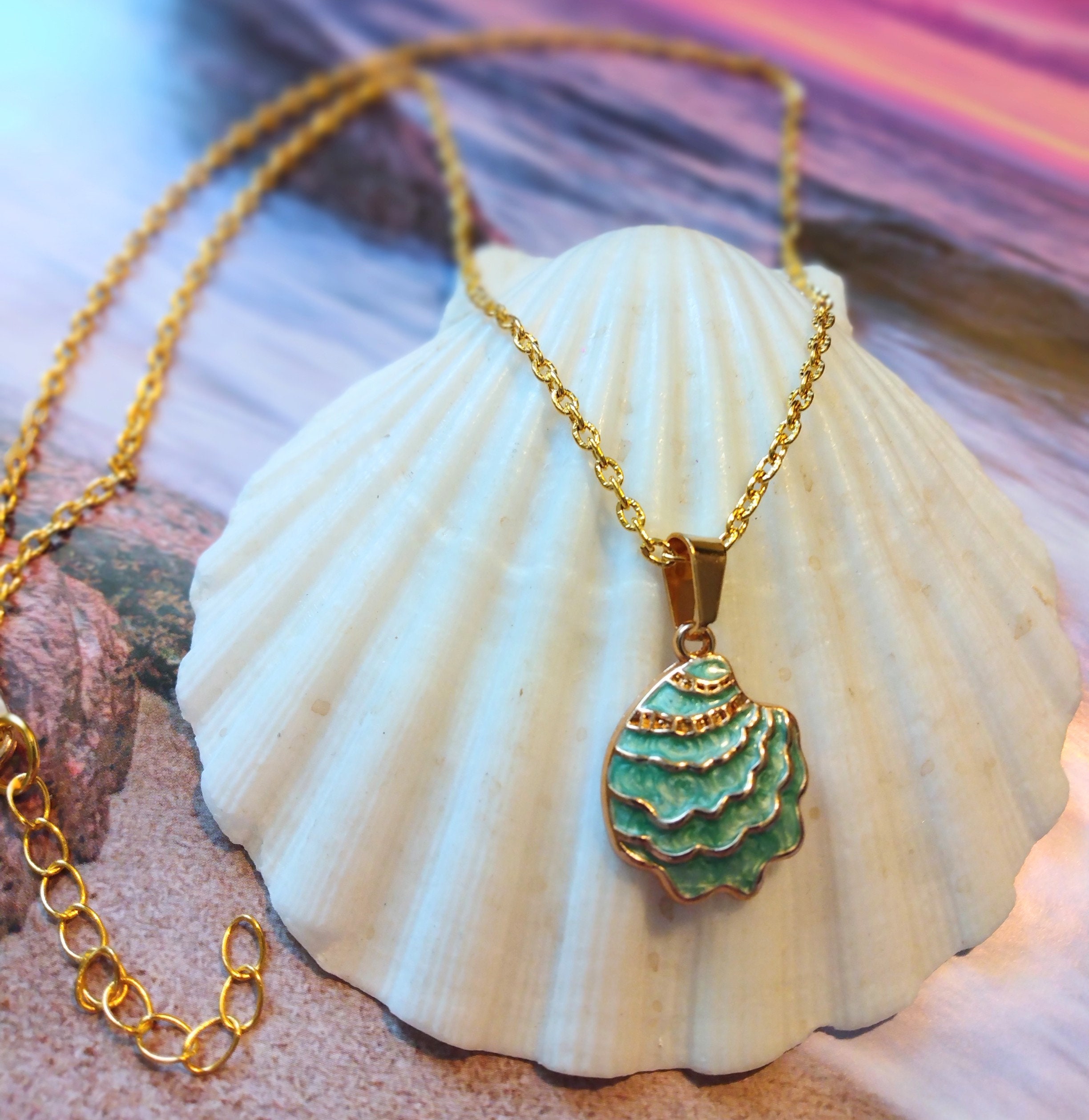 Gold & Aqua Enameled Oyster Shell Necklace, Seashell Necklace, Beach ...