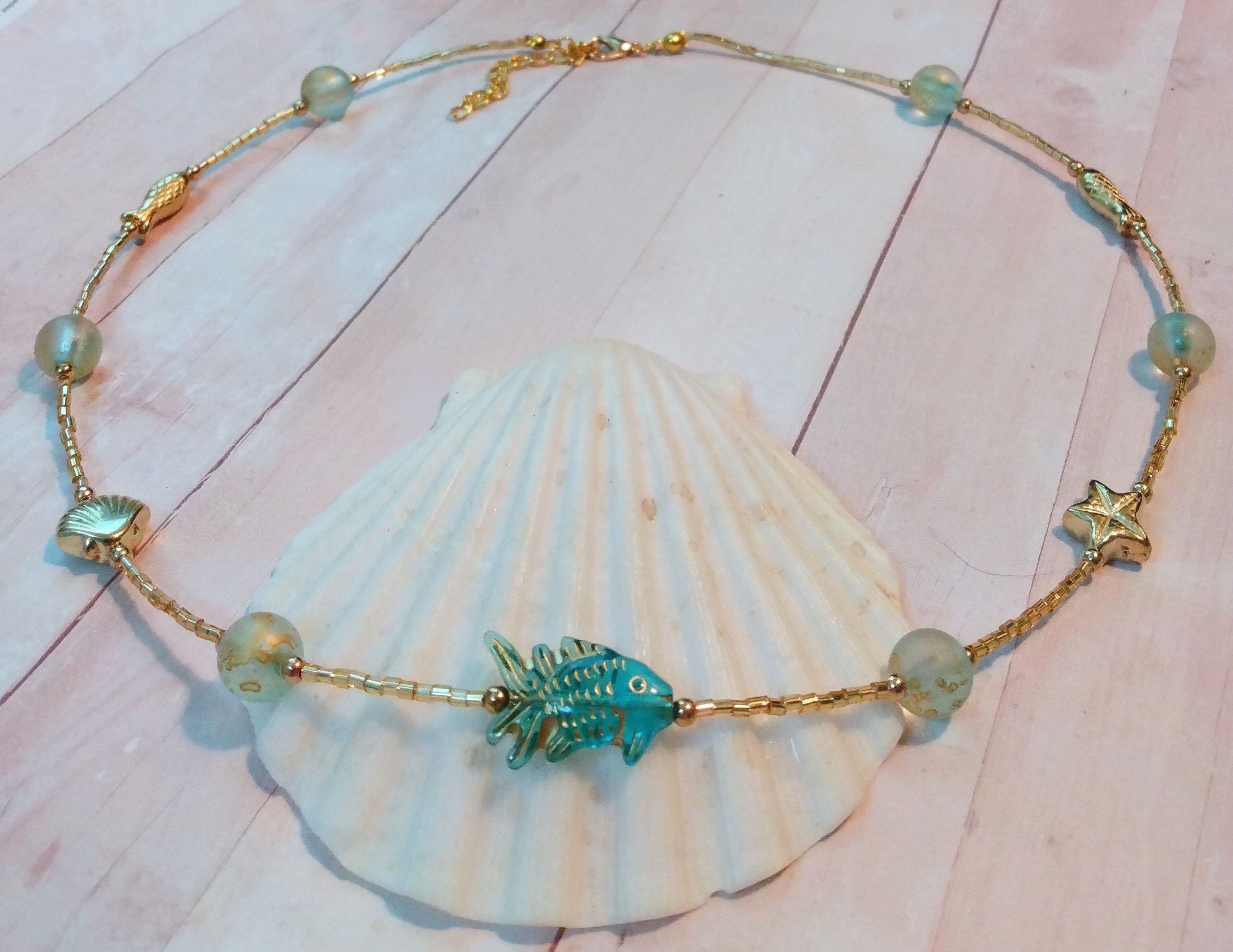 Gold Seed Bead & Fish Bead Necklace, Seed Bead Beach Necklace, Seashell ...