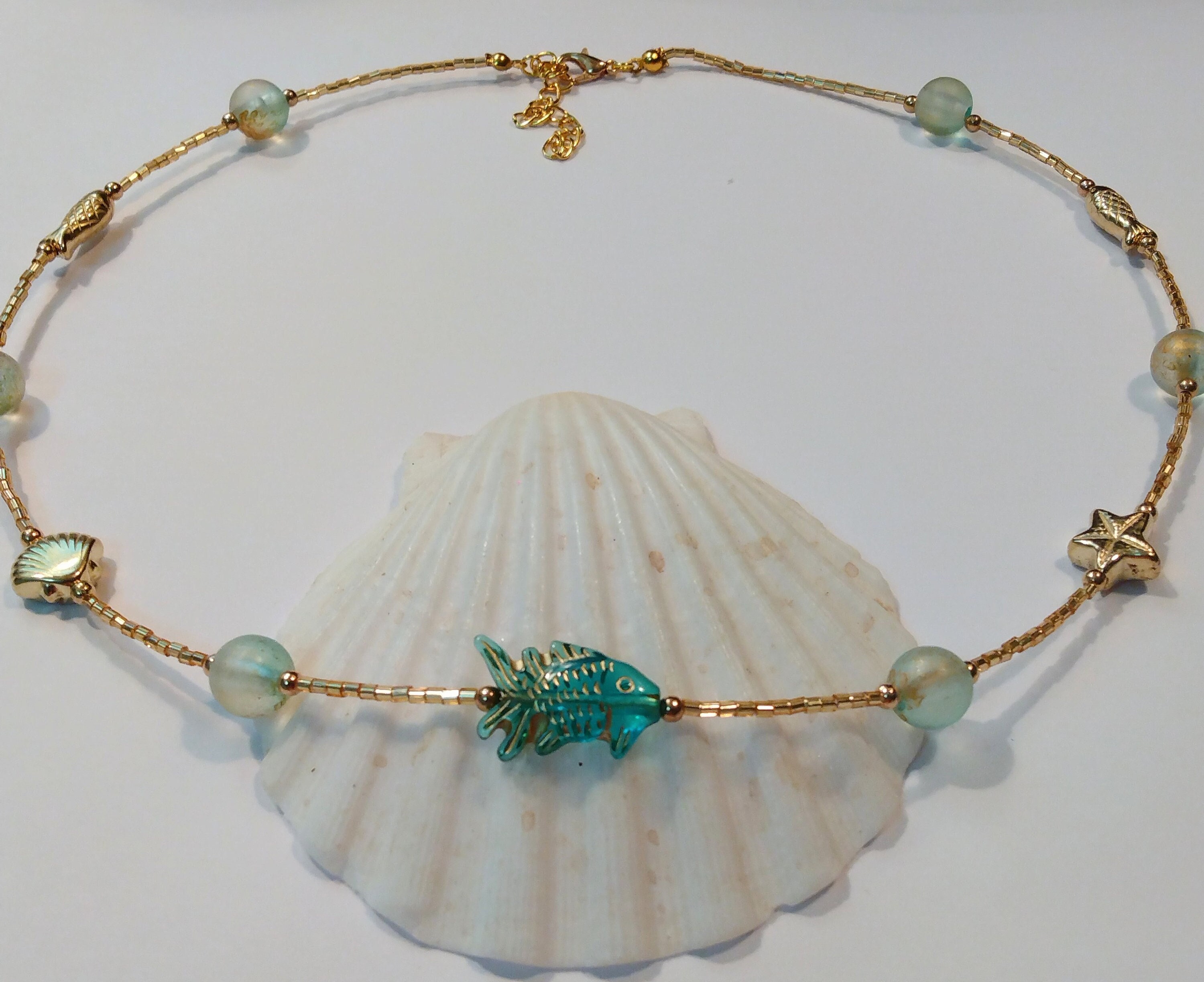 Gold Seed Bead & Fish Bead Necklace, Seed Bead Beach Necklace, Seashell ...