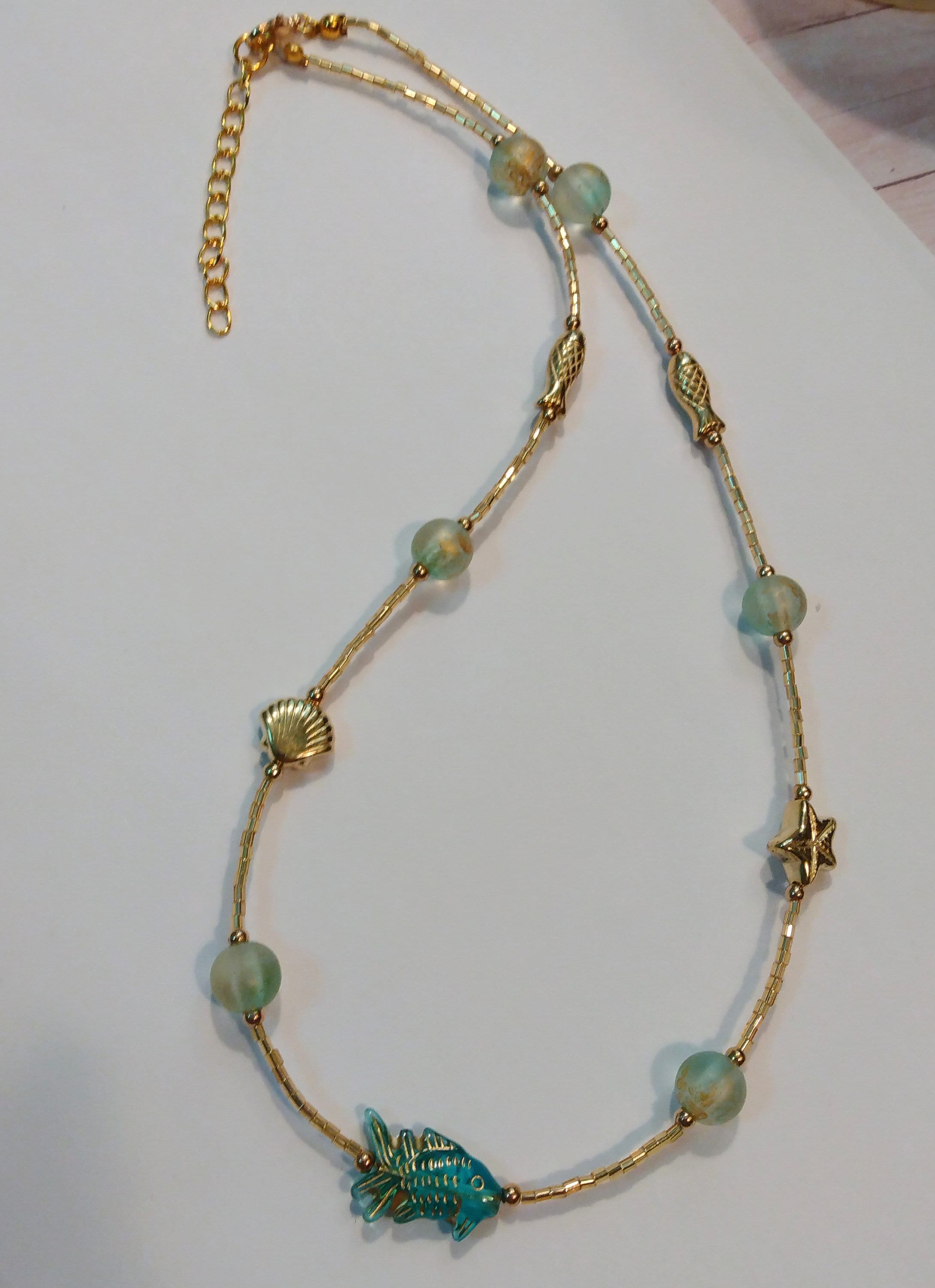 Gold Seed Bead & Fish Bead Necklace, Seed Bead Beach Necklace, Seashell ...