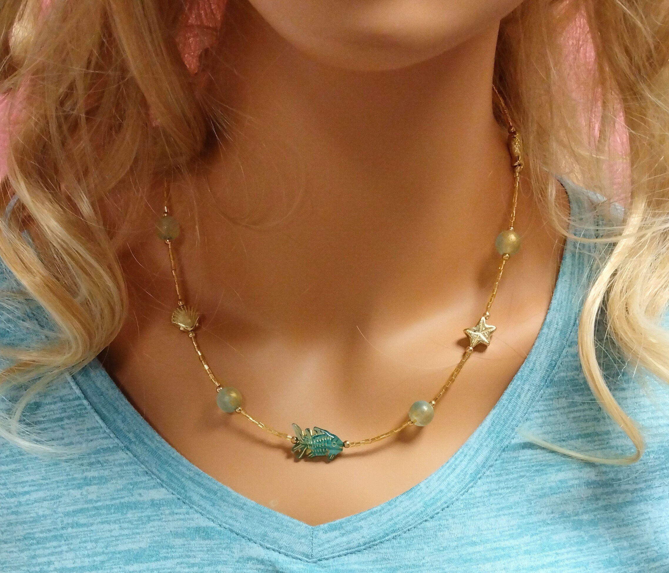 Gold Seed Bead & Fish Bead Necklace, Seed Bead Beach Necklace, Seashell ...