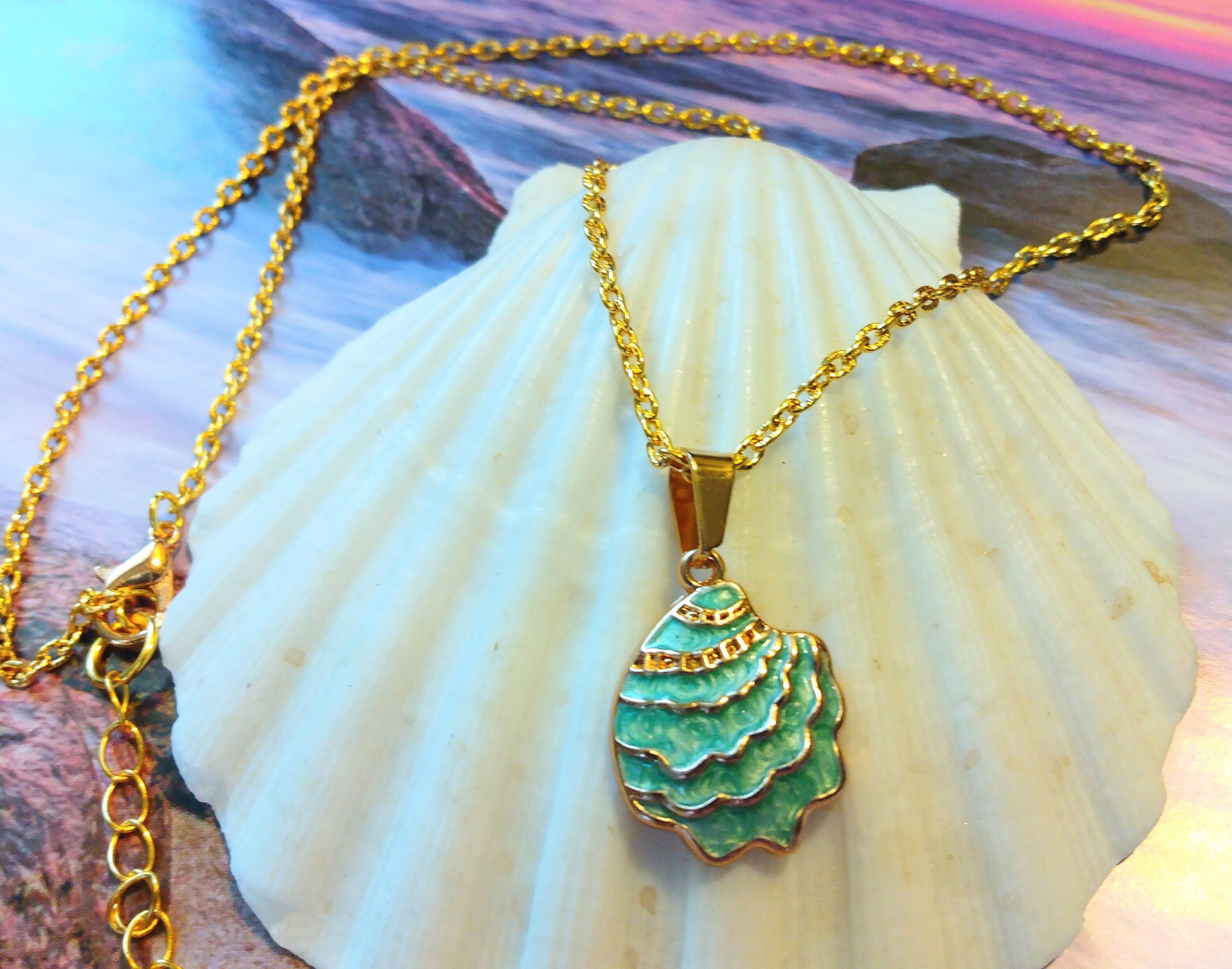 Gold & Aqua Enameled Oyster Shell Necklace, Seashell Necklace, Beach ...