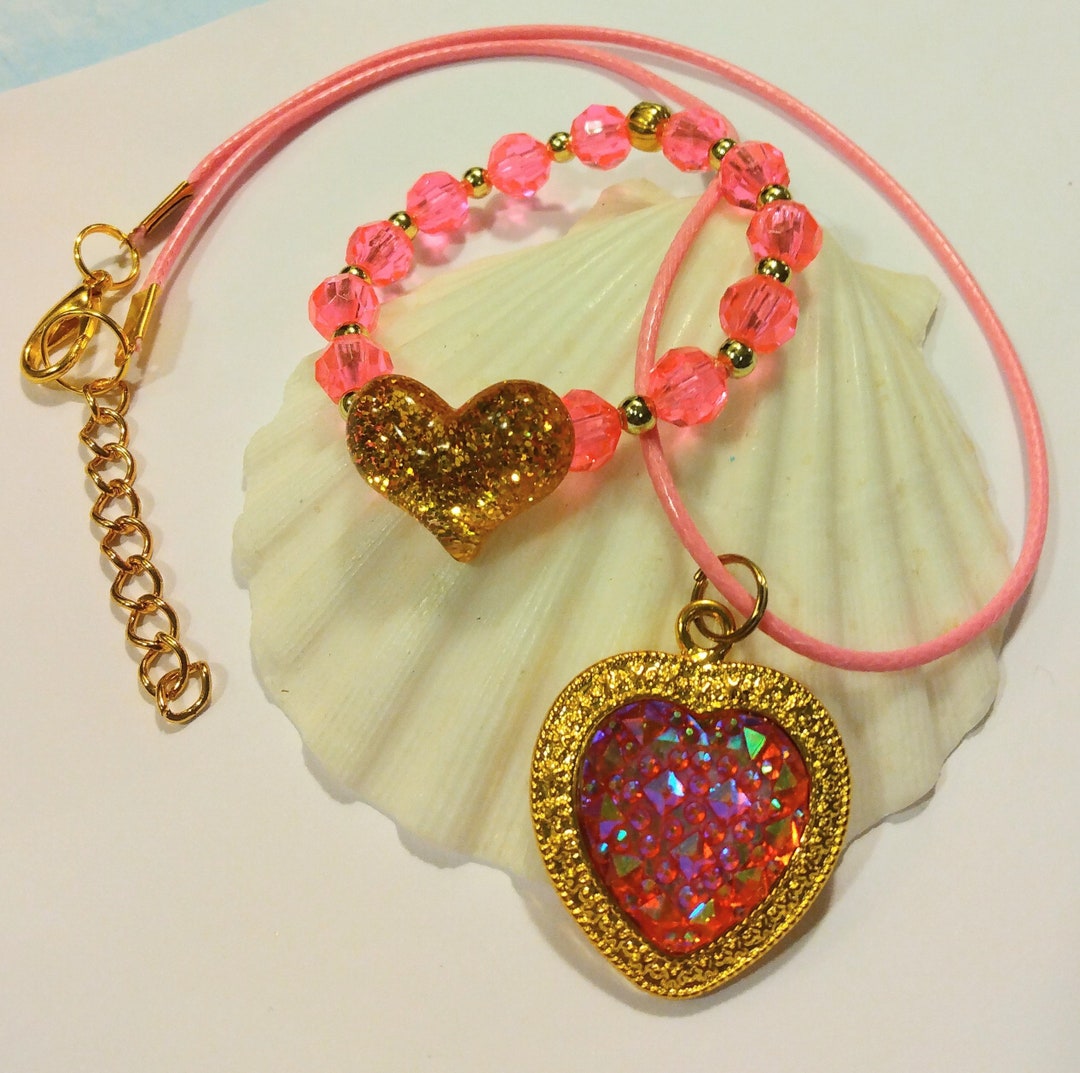 Girls Valentine Heart Necklace & Bracelet Set, Girls Valentine Gift ...