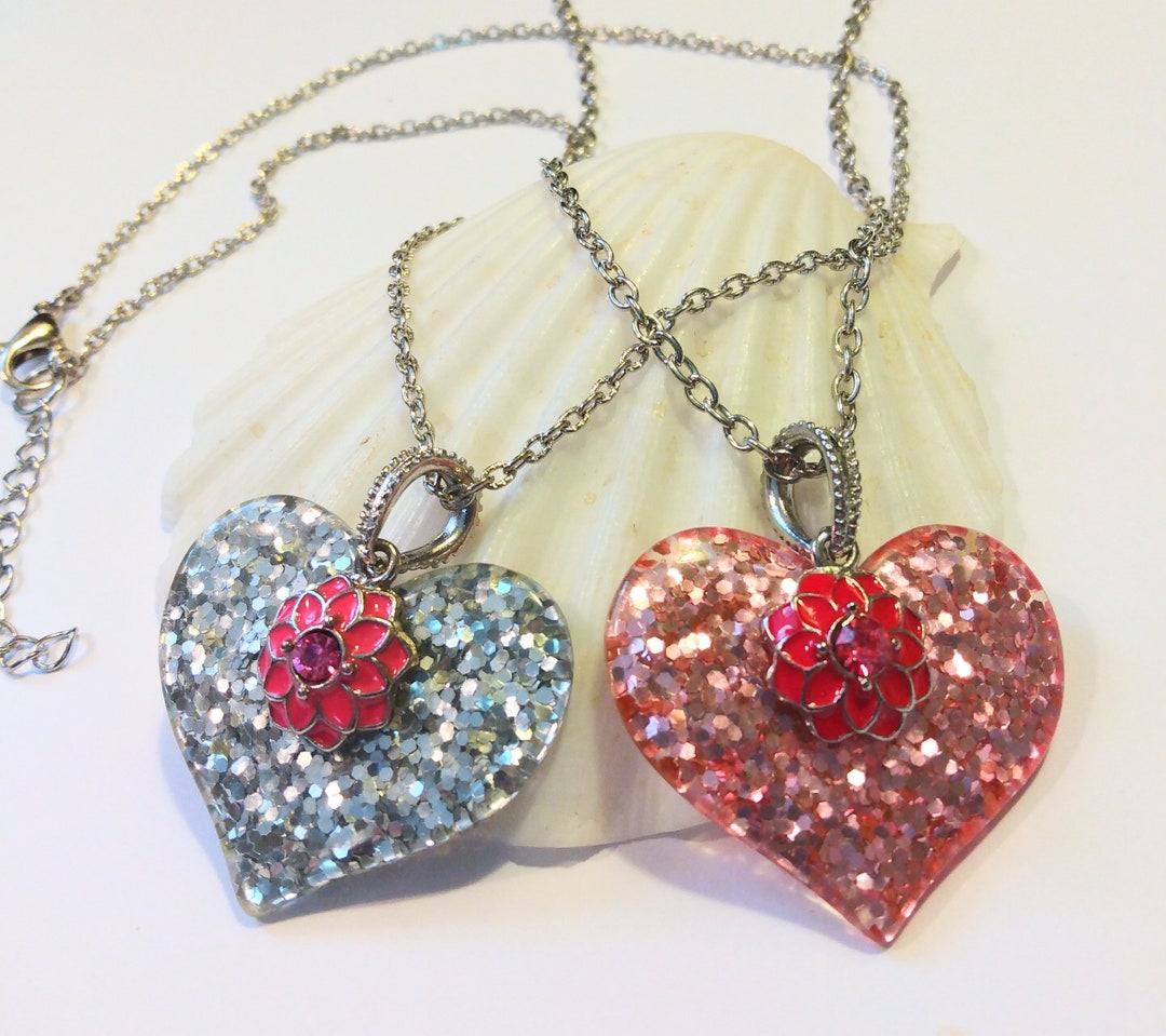 Girls Ladies Glitter Heart and Flower Necklace, Girls Ladies Heart ...