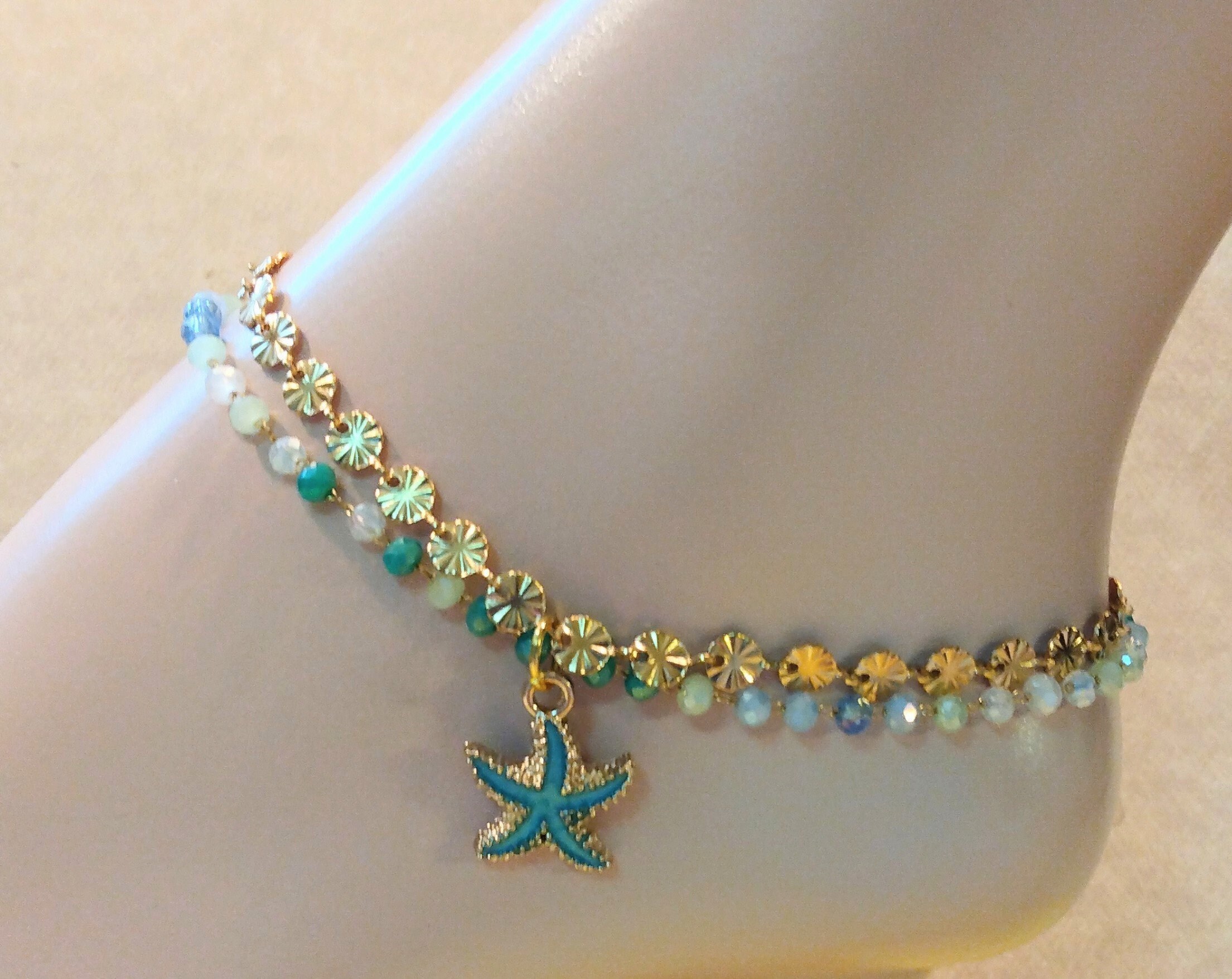 Aqua Starfish Anklet, Sea Star Anklet Bracelet, Ocean Colored Anklet ...