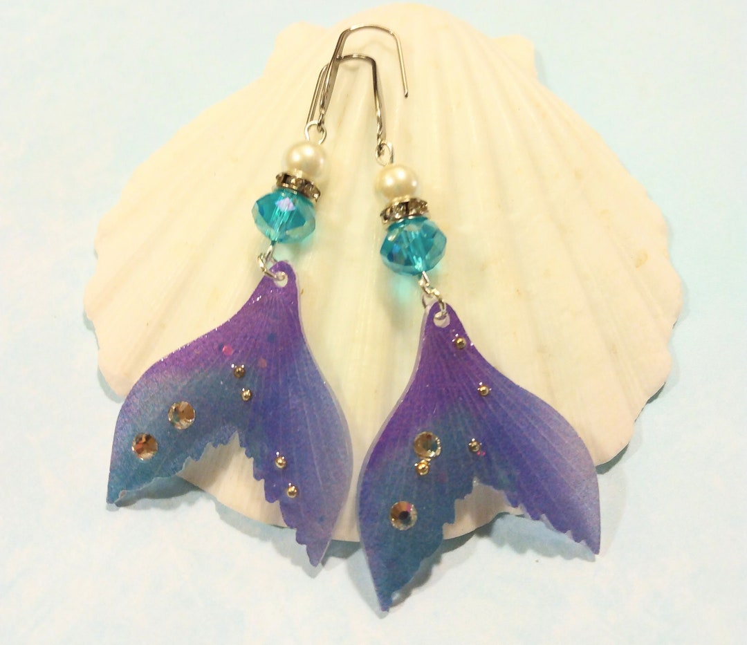 Mermaid Earrings, Purple and Blue Fishtail Dangling Earrings, Resin ...